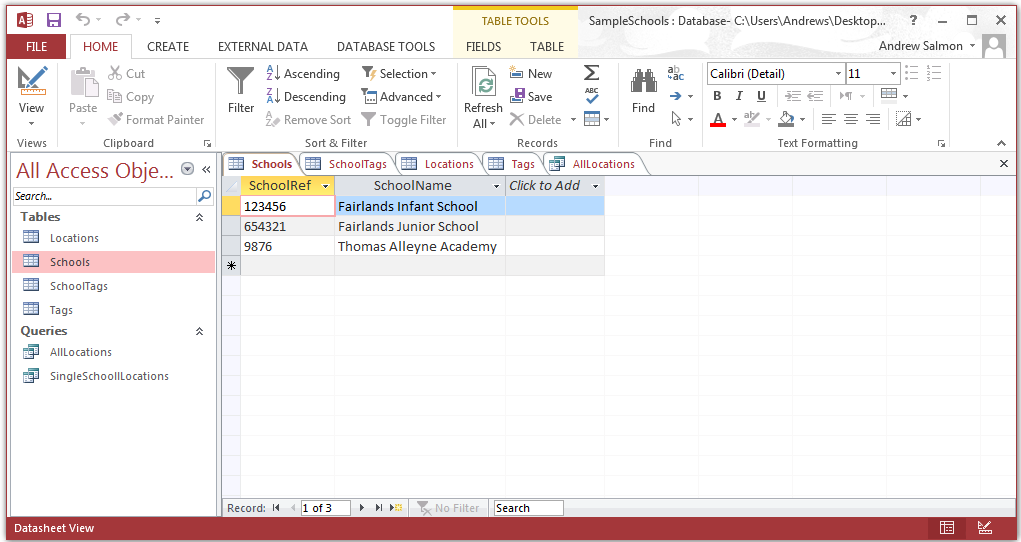 Creating the Schools database