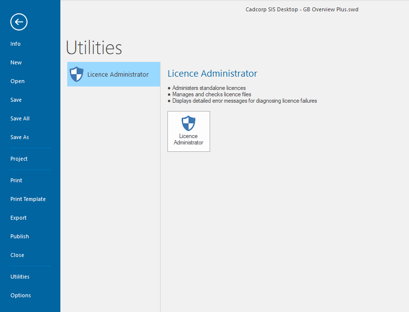 Utilities- File menu (SIS Desktop 9)
